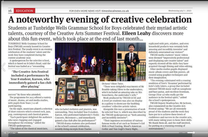 TWGSB Creative Arts Festival Features in Times of Tunbridge Wells ...